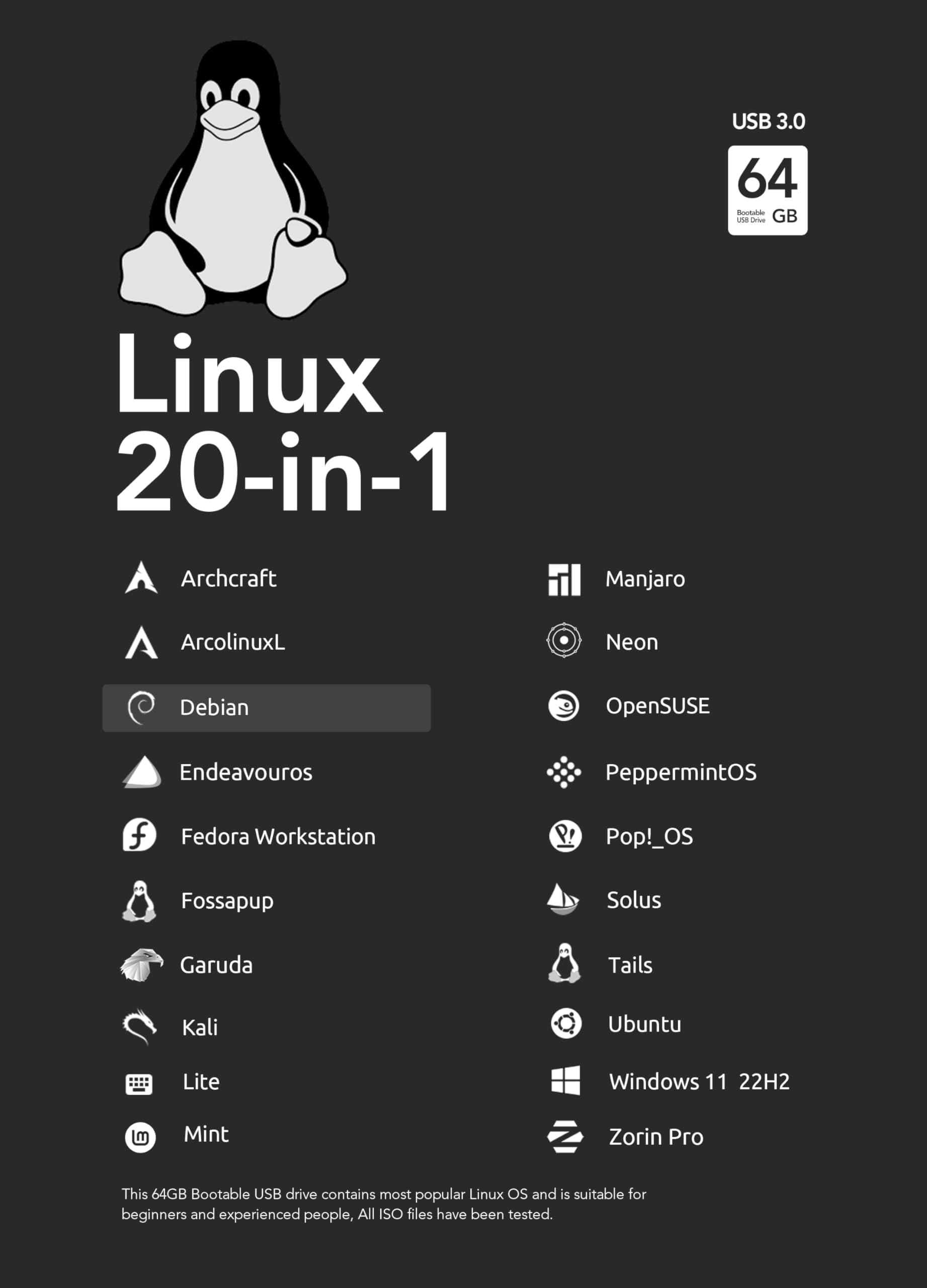 64GB - 20-IN-1, Bootable USB Drive 3.0 for Linux & Windows 11, Mint ...