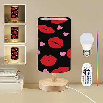 BREEZZORA Round Table Lamp for Bedroom Red Lips Pink Hearts Print Black ...