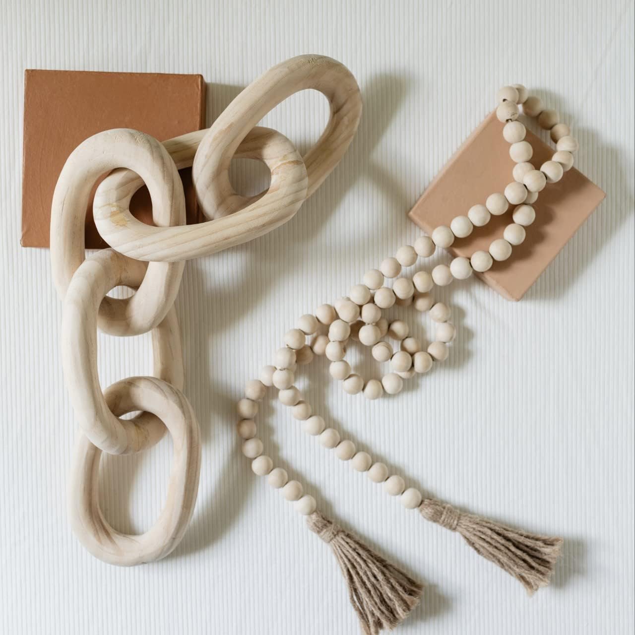 Decorative Wood Chain Link and Bead Garland Set | Hand Carved Pine Wood ...