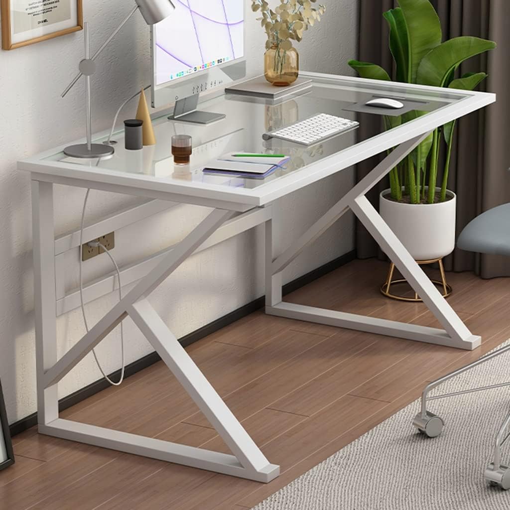Amazon.com: Computer Desk, Tempered Glass Modern Large Office Desk With ...