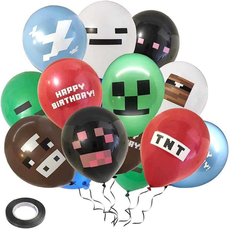 kuou 24 Pcs Minecraft Balloons with 1 Roll Ribbons(0.5cm*5m), 12 inch ...