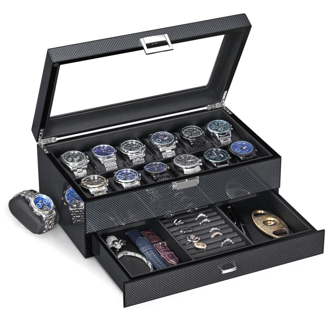 Amazon.com: BEWISHOME 12 Slot Watch Box Watch Case with Valet Drawer ...