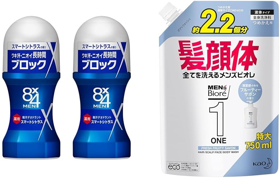 Amazon.co.jp: 【セット買い】エイトフォー 8x4メン ロールオン スマートシトラス 60ml×2個セット デオドラント 男性用 メンズ + メンズビオレ ONE オールインワン ...
