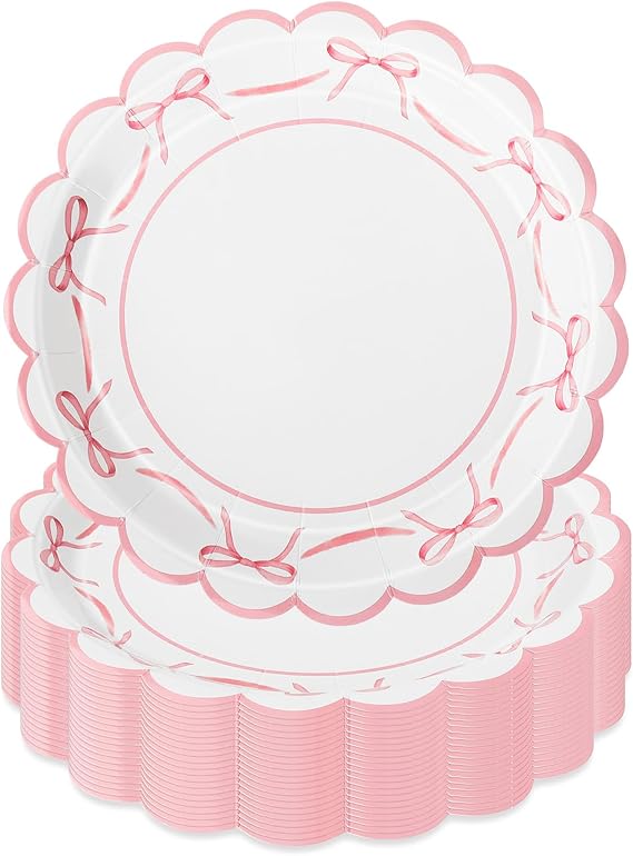 Amazon.com: JarThenaAMCS 50Pcs Pink Bow Paper Plate Scalloped Bowknot ...