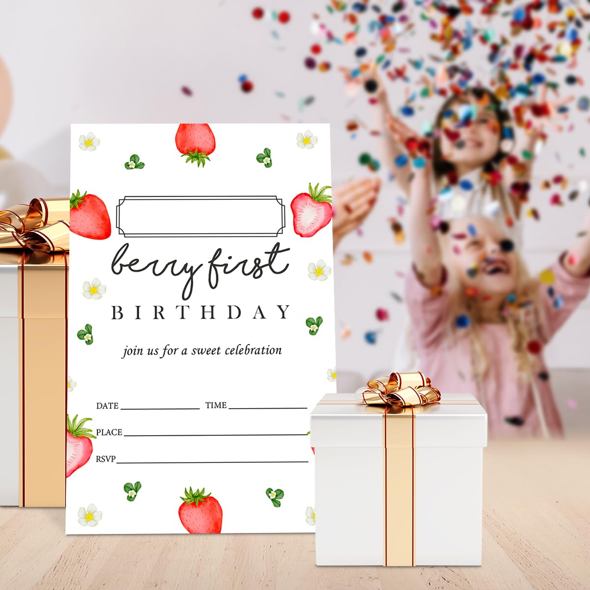 First Birthday Box Invitations Doodle Pink Bow Baby Girl 1st Birthday