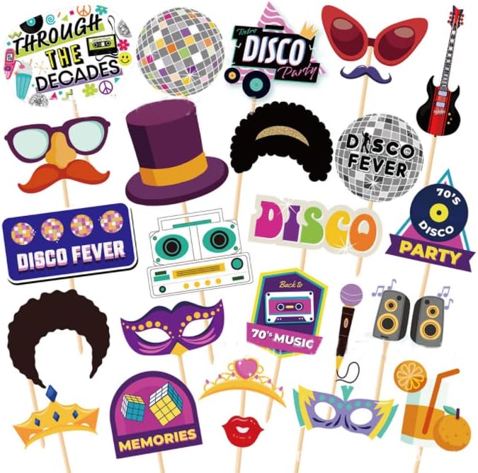 Dusenly 25pcs Disco Party Photo Booth Props 70s Retro Theme Birthday ...