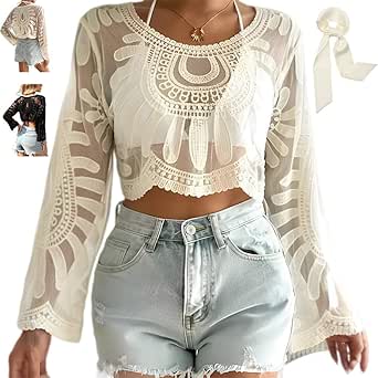 Women's Floral Embroidered Semi-Sheer Cover up Cute Long Sleeve Round ...