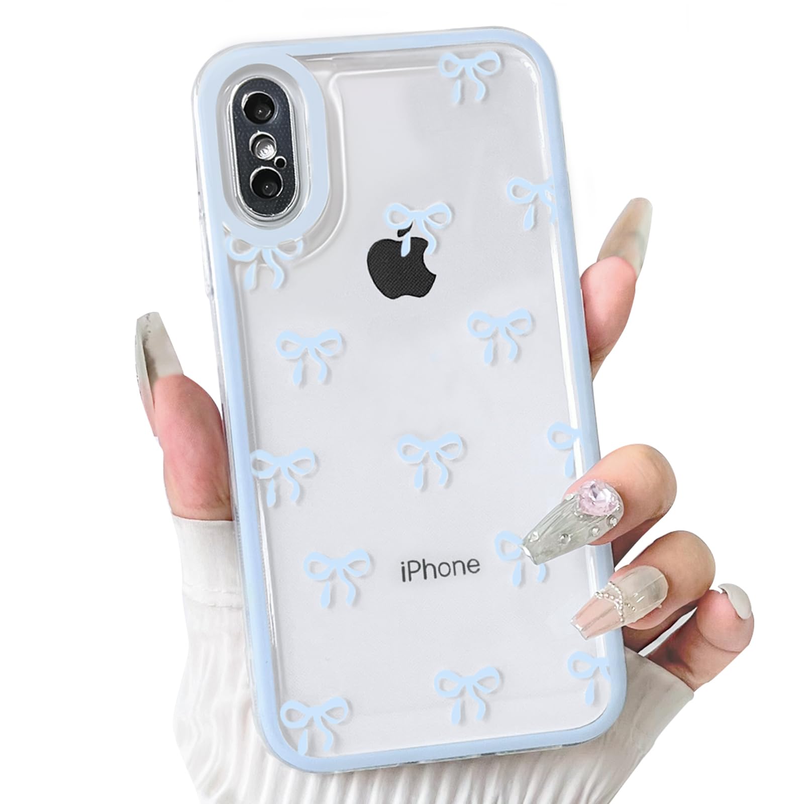 NITITOP Compatible with iPhone XR Case Cute Clear Blue Durable Ribbon Bowknot Pattern for Girls ...
