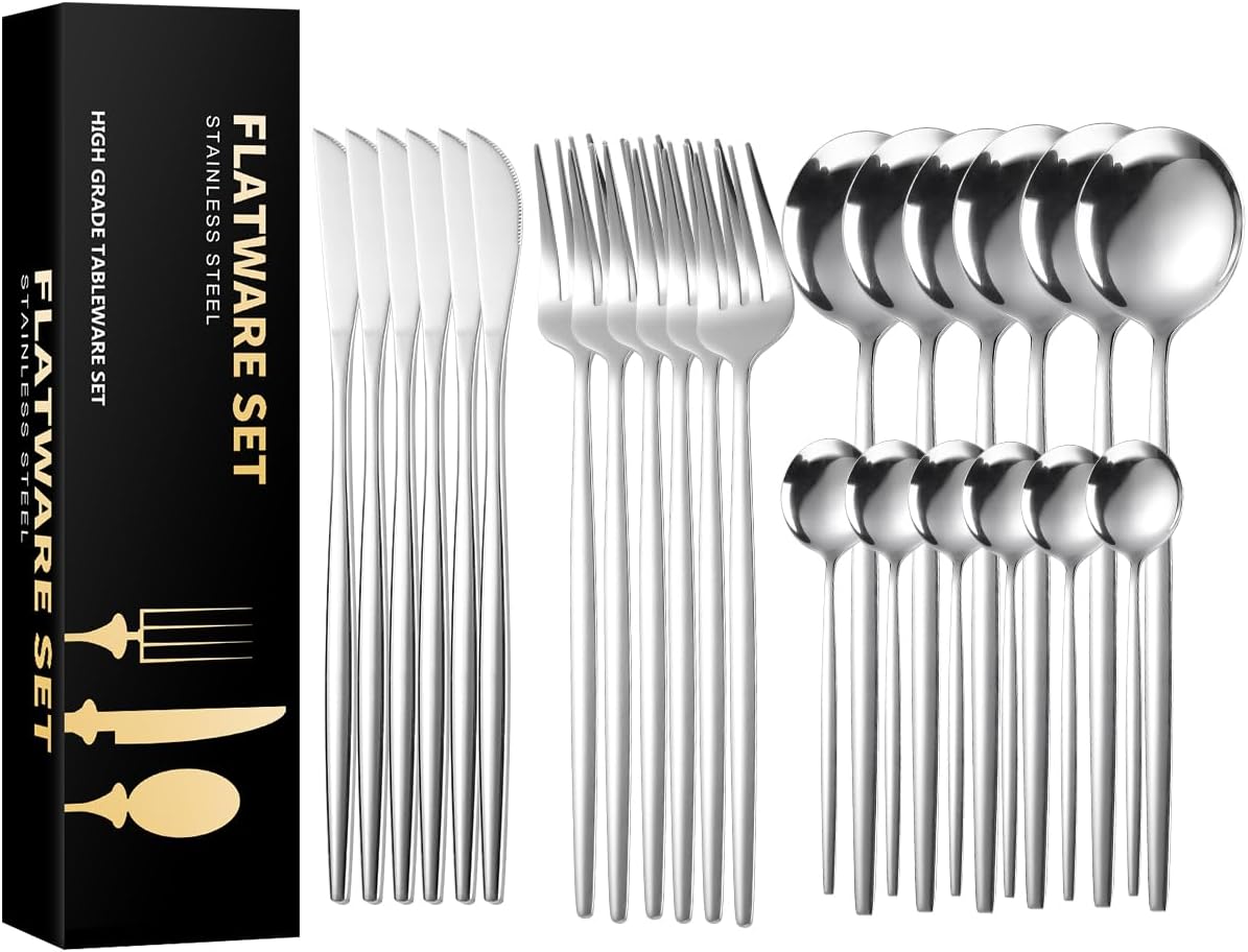 Amazon.com: Bacom 24-Piece Silverware Set with Steak Knives, Silver Flatware Set for 4,Grade ...