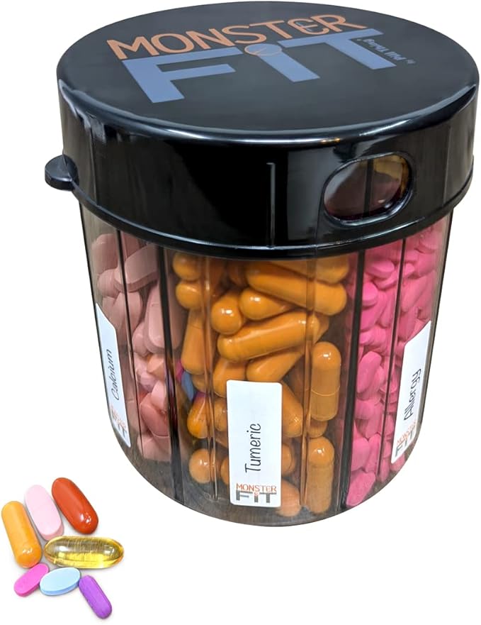 Monster Supplement, Medication Pill Dispenser with Compartment Labels ...