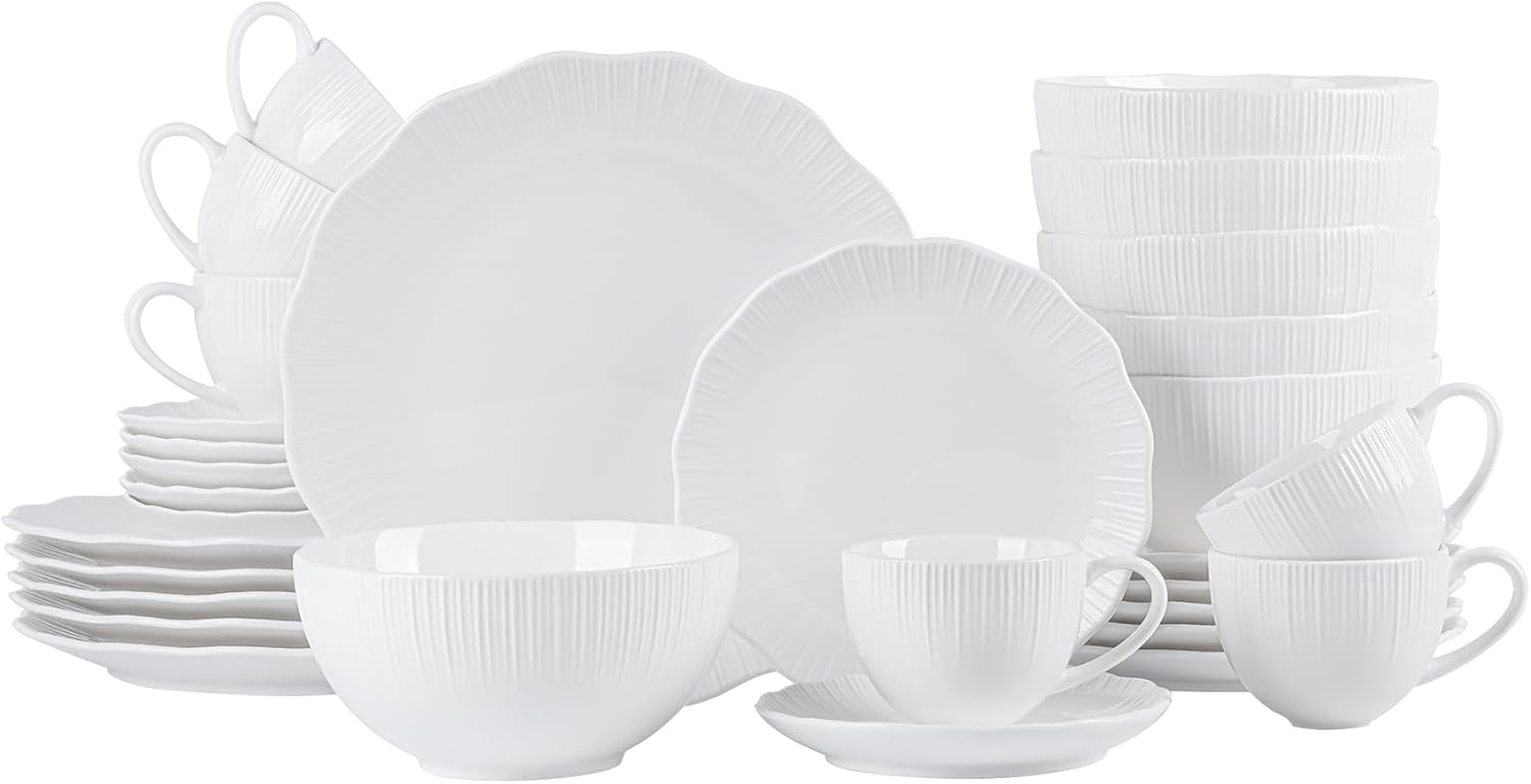 White Ceramic Dinnerware Set, 30 Pieces Radial Embossed Plates and ...