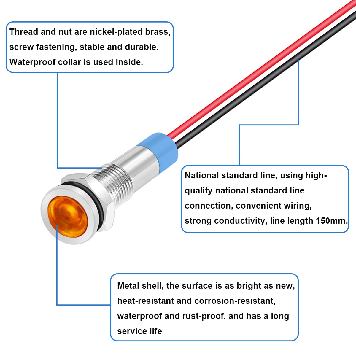 smseace 5PCS Yellow AC/DC12-24V LED Indicator Lights 1/4‘’(6mm ...