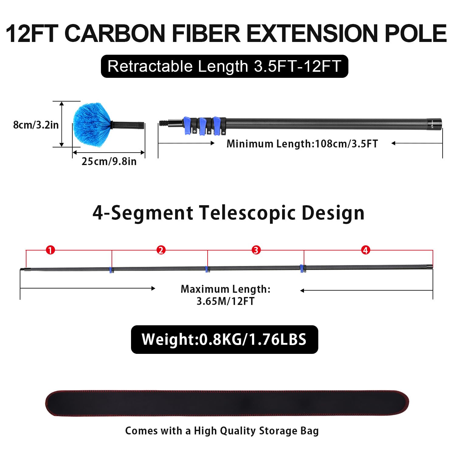 Snapklik.com : 3.5-12 FT Carbon Fiber Extension Pole