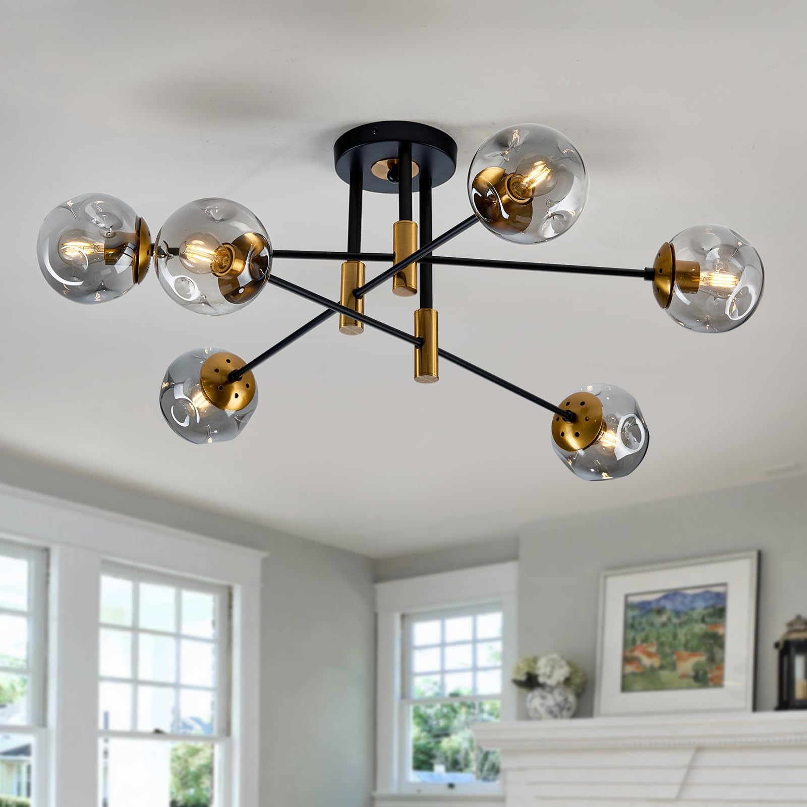 EOPSPYI Modern 6 Light Glass Globe Shade Sputnik Chandelier Black and ...