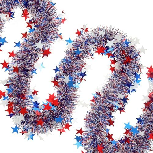 Amazon.com: 4th of July Christmas Tinsel Garland, 50FT Patriotic Red ...
