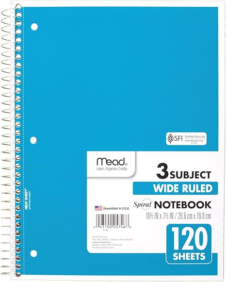 Amazon.com: Mead Spiral Notebook, 3 Subject, Wide Ruled Paper, 120 ...
