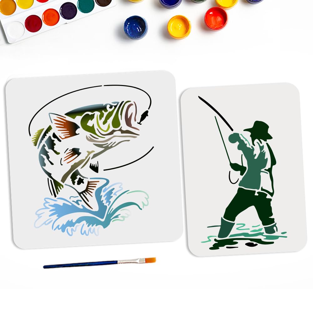 MAYJOYDIY 2pcs Man Fishing Stencil 30×30/29.7×21cm Fish Stencil ...