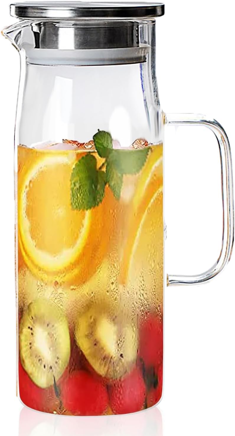 1.5L Glass Pitcher with Lid, Heat Resistant Water Jug Juice and Iced ...