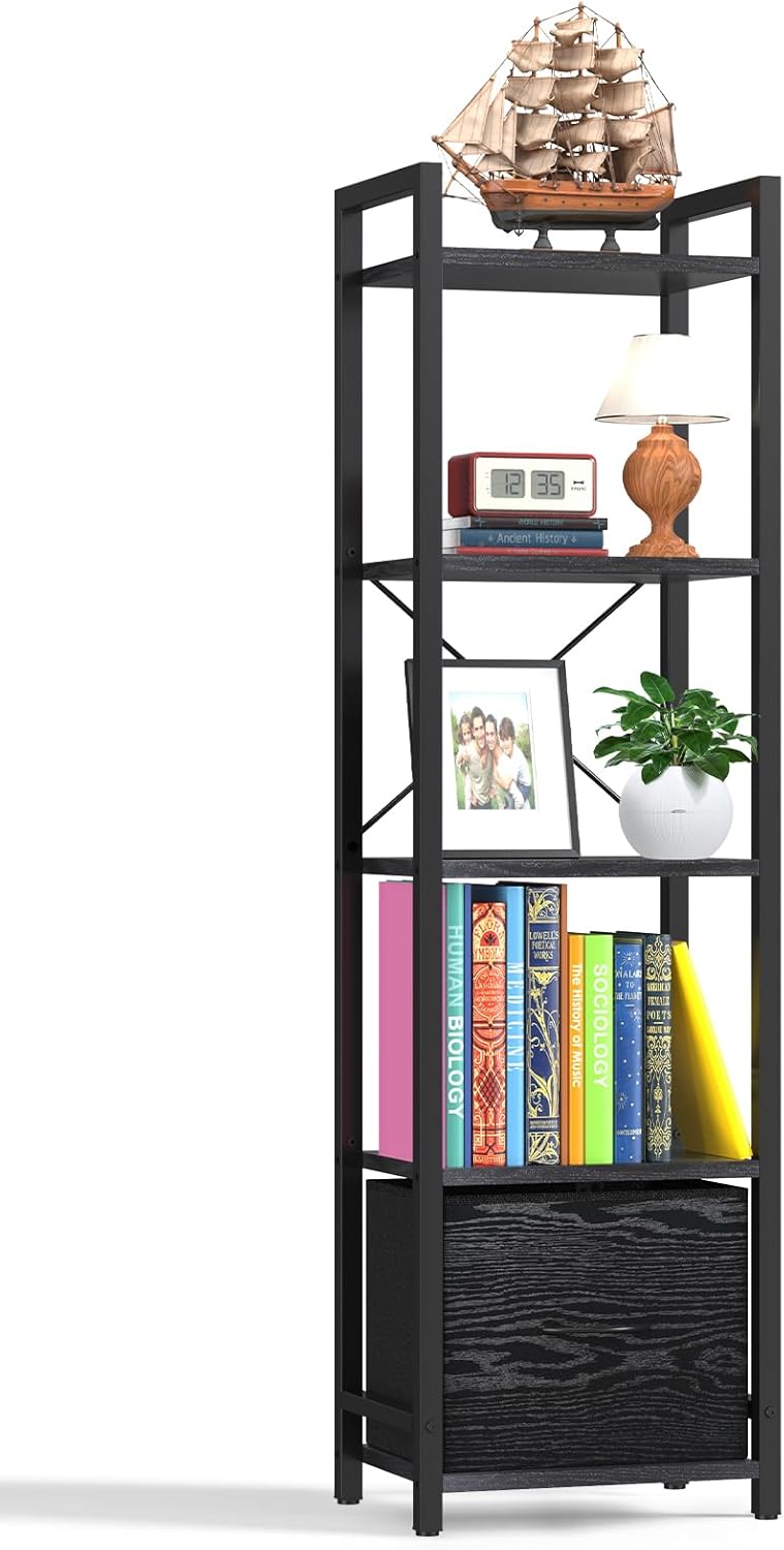 Amazon.com: Narrow-Bookshelf-With-Storage-Drawer, 5-Tier Small Standing ...