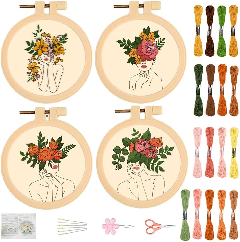 FREEBLOSS 4 Sets Beginner Embroidery Kit Mini Starter Embroidery Kit ...