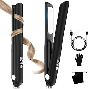 Cordless Hair Straighteners Curler 2 in 1 with 3 Temps, Mini Straightener, Portable Travel ...