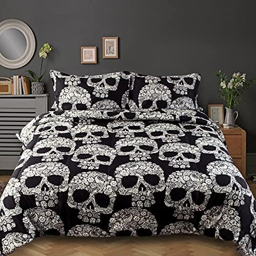 ZHH Skull Comforter Queen Size 3Pcs Sugar Skeleton Duvet Ultra-Soft ...