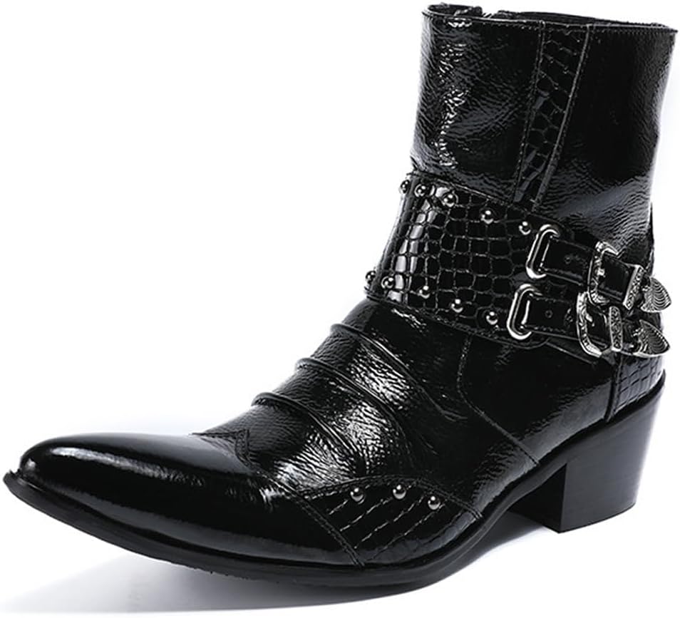 Amazon.com | WOUFO Men's Leather Western Cowboy Boots Buckle Punk Boot ...
