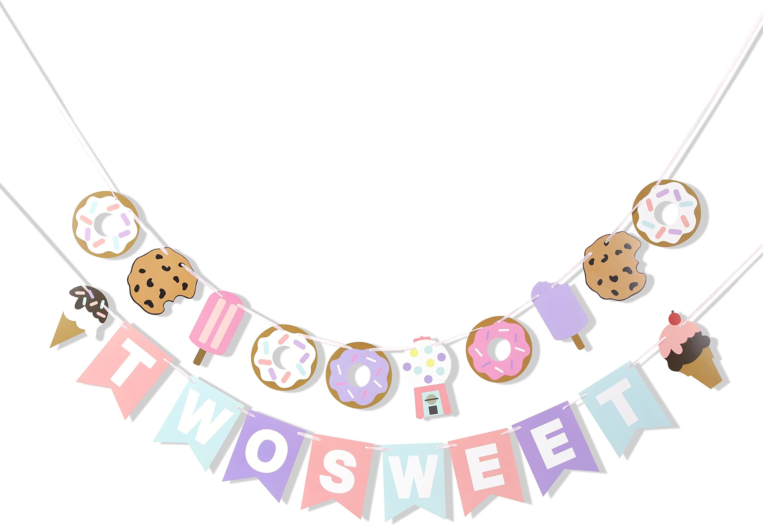 Amazon.com: Two Sweet Donut Birthday Banner - Pastel Ice Cream Party ...