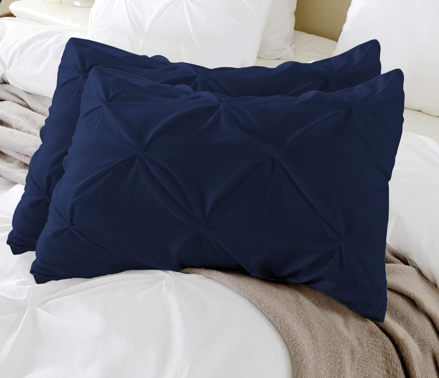 Amazon.com: Standard Pillow Shams Set of 2 Pinch Pleated Navy Blue Pillow Shams Standard Size ...