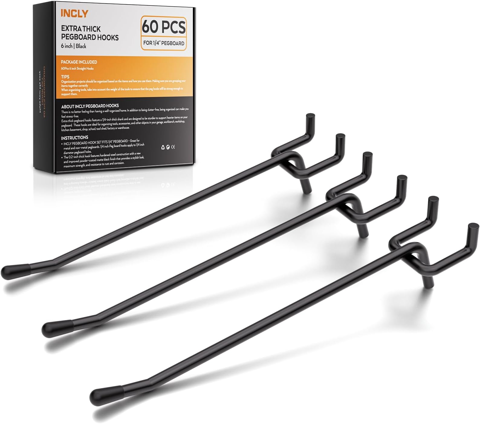Amazon.com: INCLY 60 Pack 6 Inch Black Pegboard Hooks, 1/4" Heavy Duty ...