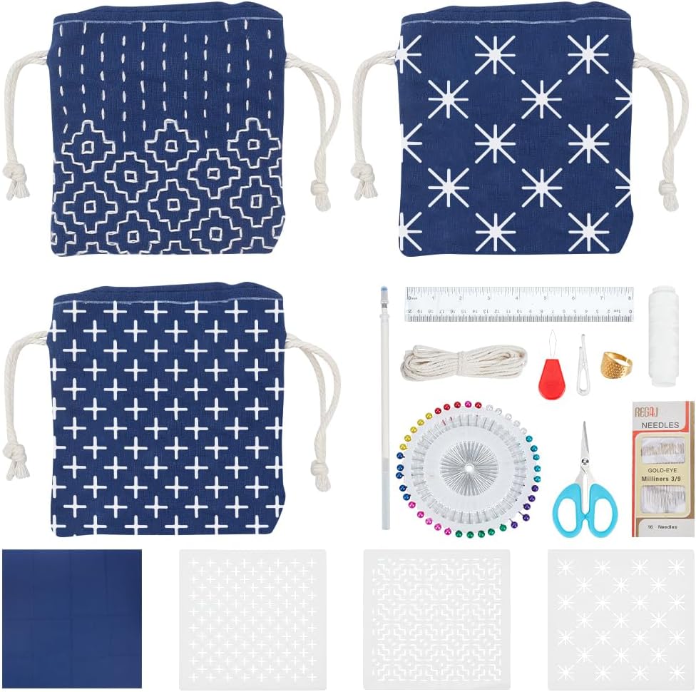 Amazon.com: INFUNLY 3 Set Sashiko Drawstring Bag Kits Sashiko DIY Tote Bag Kit Flower Sashiko ...
