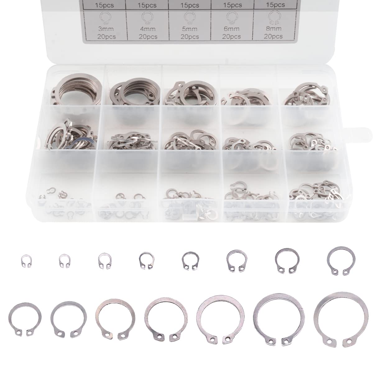 Beenlen 225 PCS Metric 304 Stainless Steel External Snap Ring, 15 Sizes ...