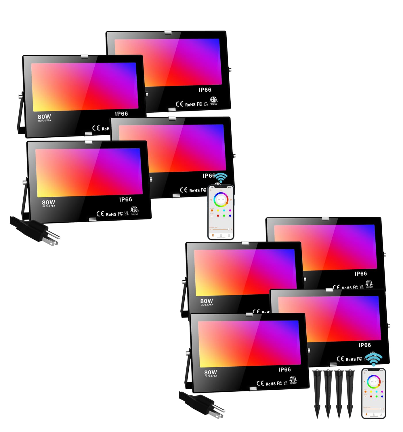 Neliwo 8Pack RGB Led Flood Light Outdoor 800W Equivalent Bluetooth ...