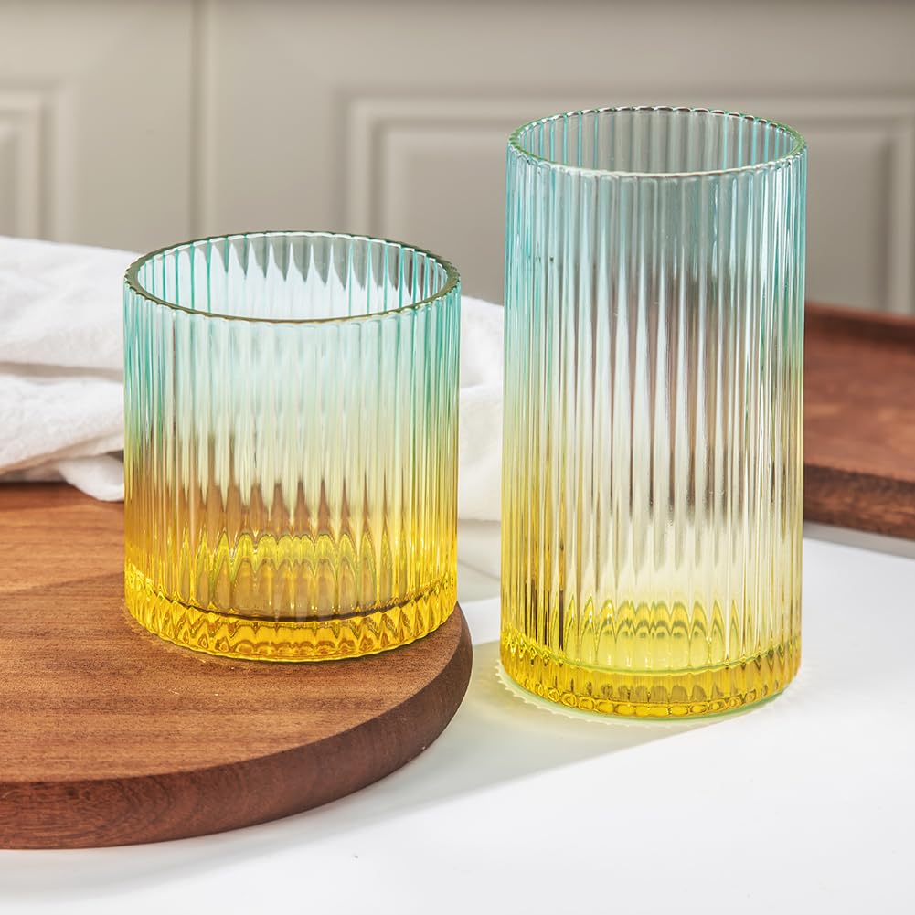 Amazon.com | Lumkit Ribbed Drinking Glasses 8pcs, 12oz and 10oz ...