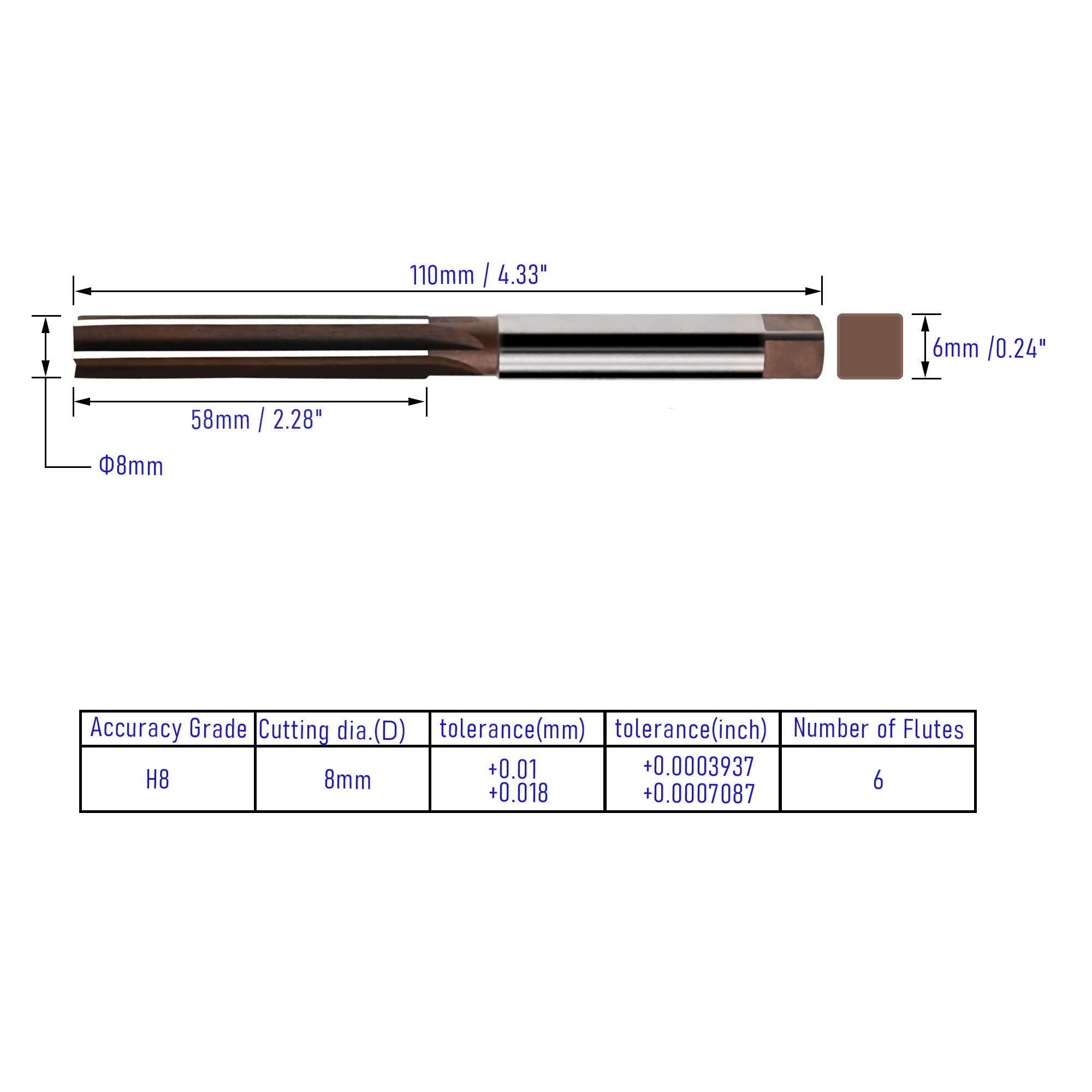 Reamer Set Hand Reamers H8,9SiCr Manual Straight Shank 6 Flutes Milling ...