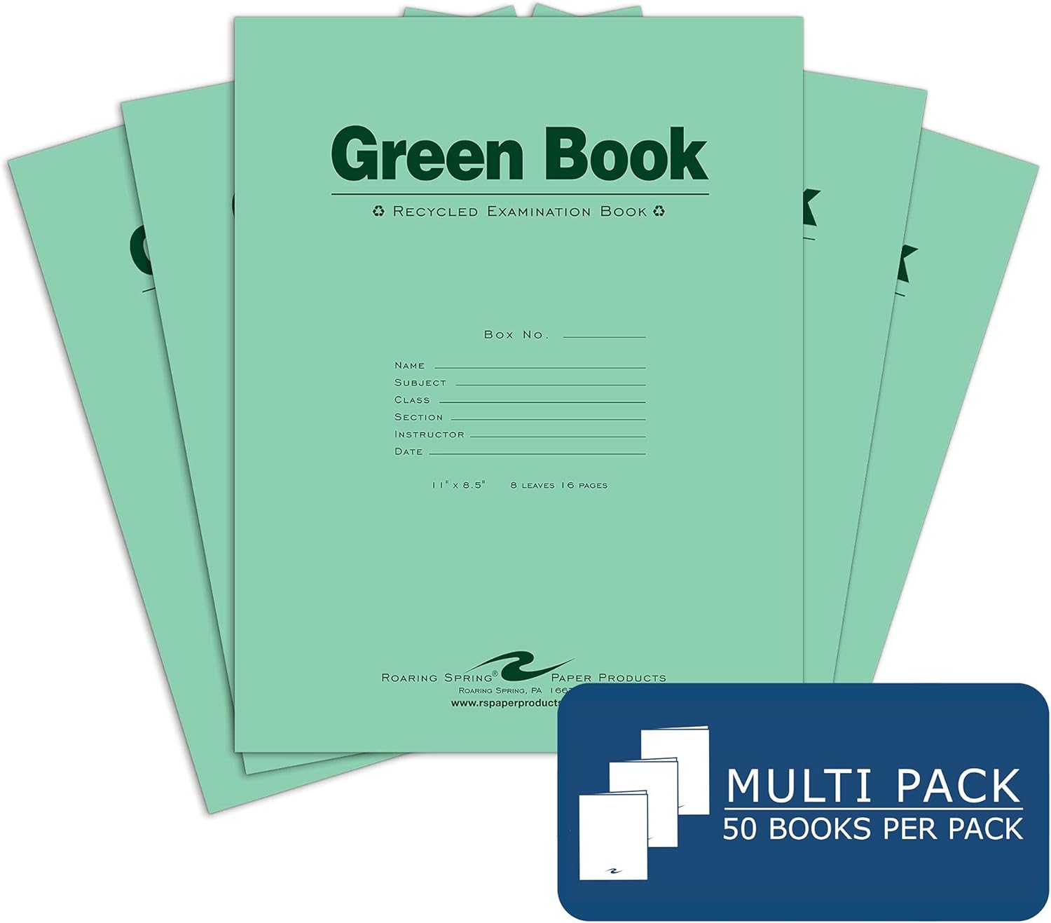 Amazon.com: ROARING SPRING Recycled Test Green Exam Book, 50 Pack, Wide ...