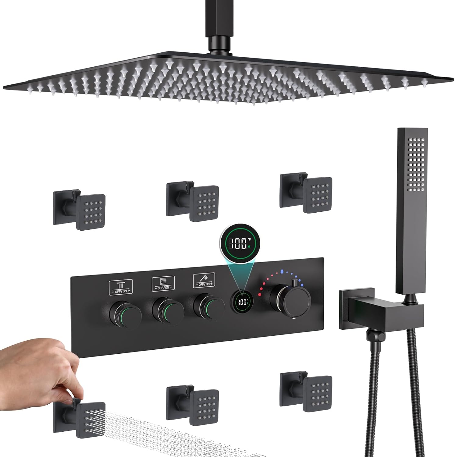 Temperature-Display Shower System with Body Jets, 16 Inch Rainfall ...