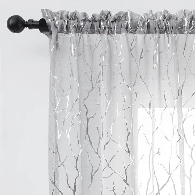 Amazon.com: FINECITY Tree Branch Silver Sheer Curtains for Living Room ...