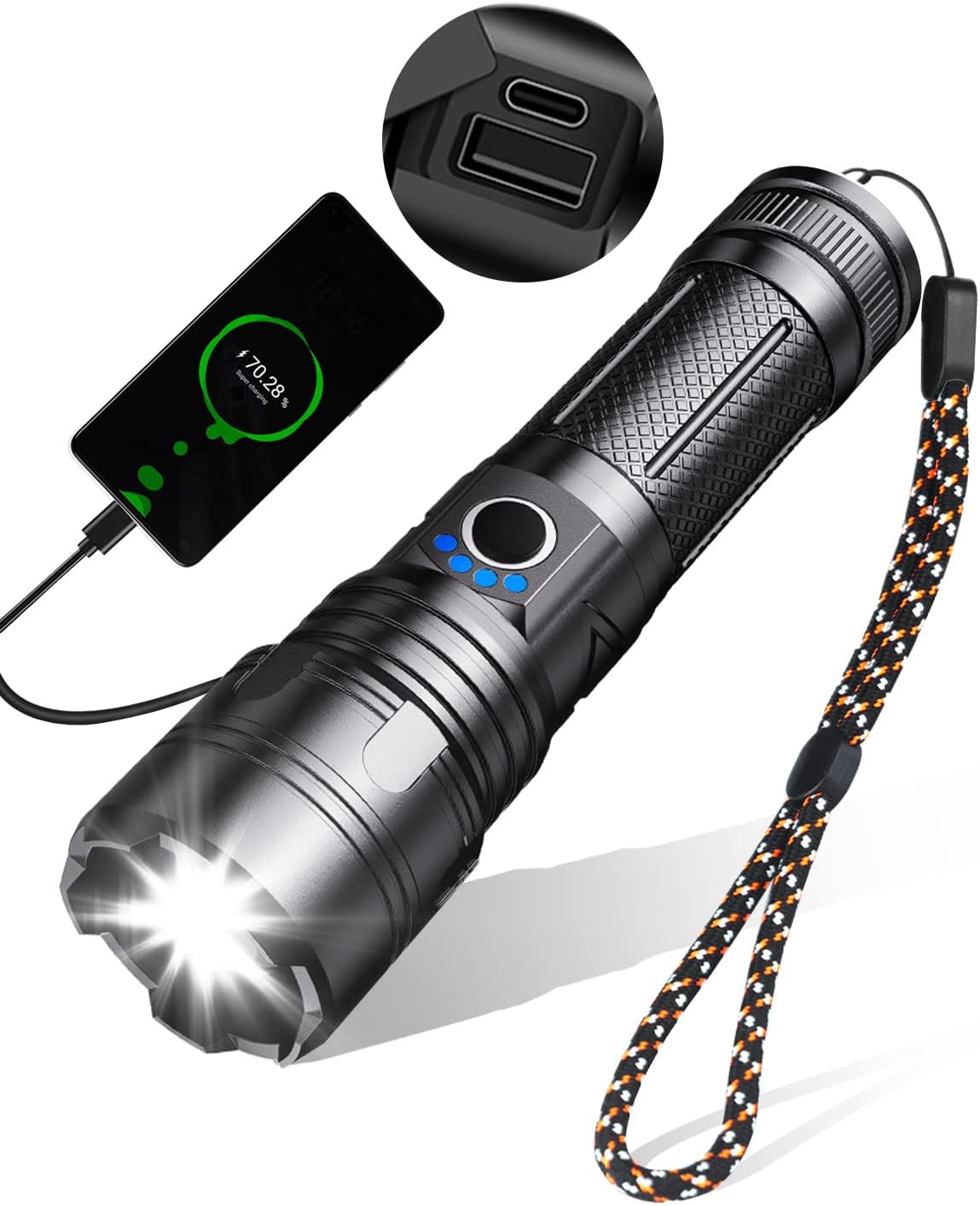 Maxesla 8000LM Torcia LED Potente Professionale Type C,3000mAh Torcia ...