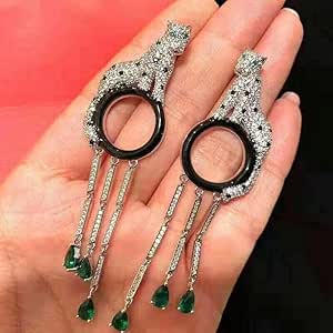 925 Silver Paveed Zircon Leopard Pift Tassel Drop Boucle Panthère ...