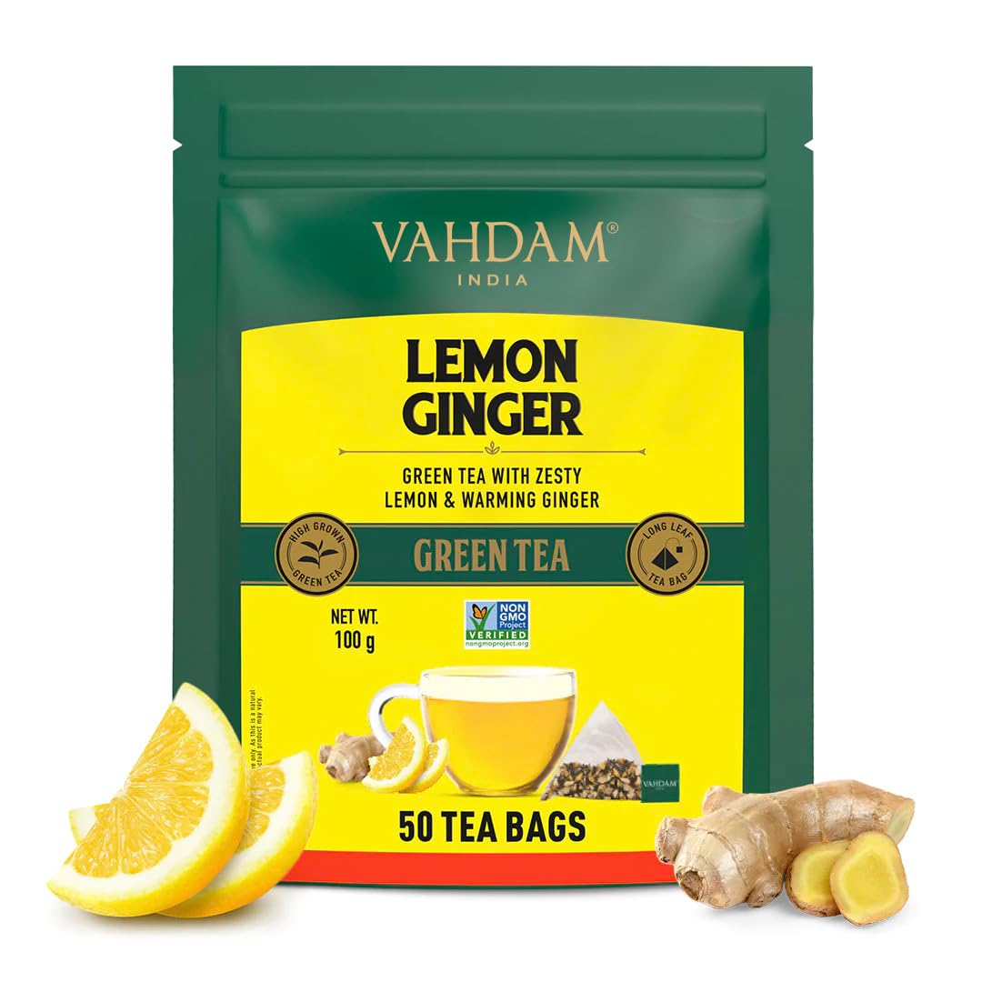 VAHDAM, Lemon Ginger Green Tea Bags (50 Count) Med Caffeine, Non-GMO ...