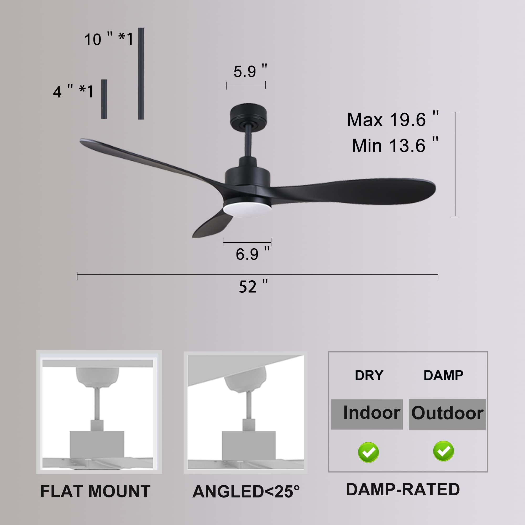 Modern Black Smart Ceiling Fan with Lights Remote, 4”&10” Rod, 52 ...