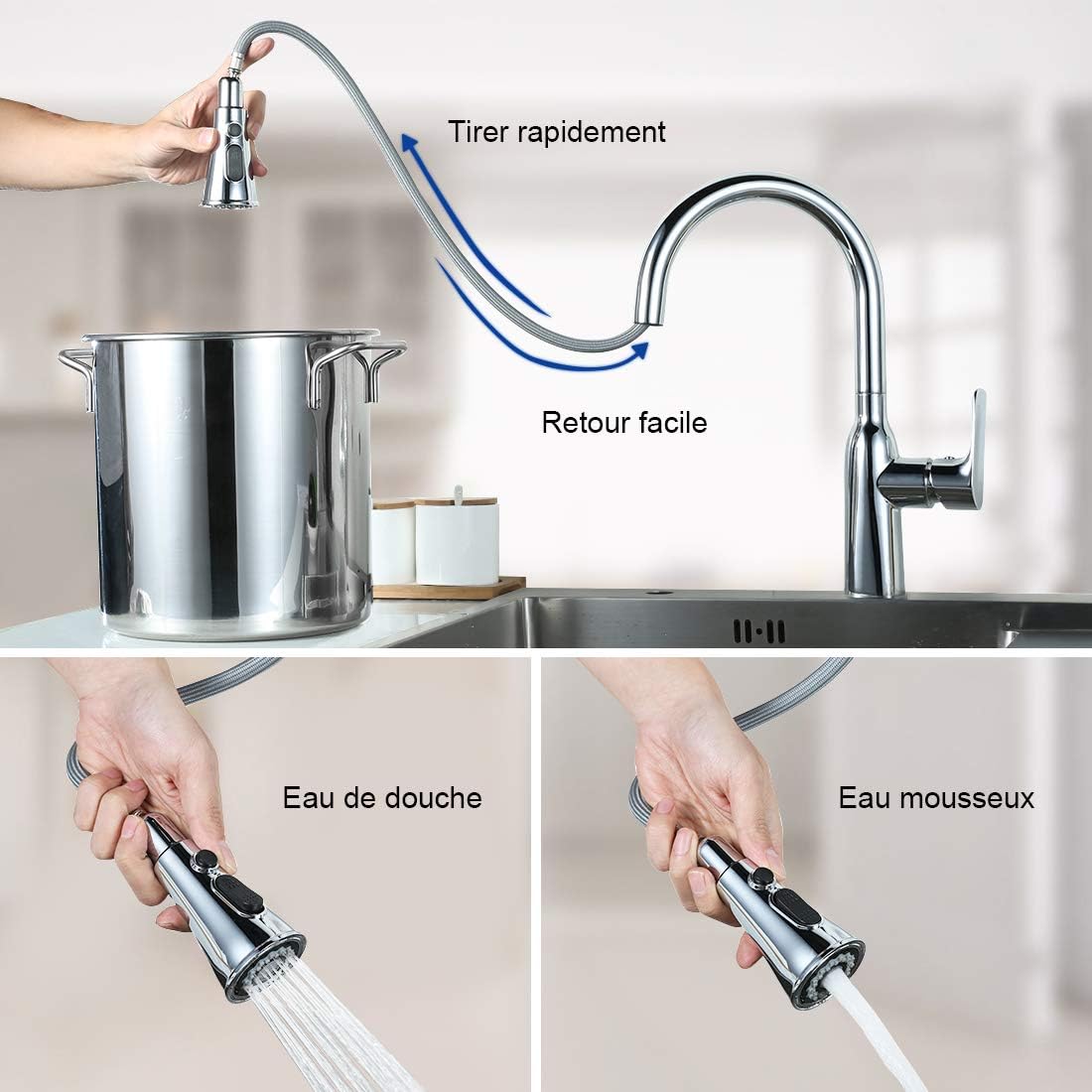 Kitchen Tap with Pull-Out Sink Mixer Tap with 2 Water Jets and Stopper ...