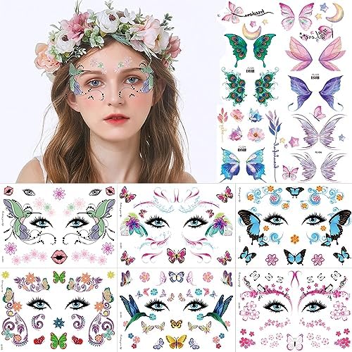Amazon.com : 11 Sheets Butterfly Face Tattoos Sticker Glitter Flowers ...