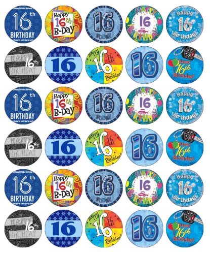 Ronnies Bakery Company30 16th Birthday Boy Blue Cupcake Toppers Edible ...