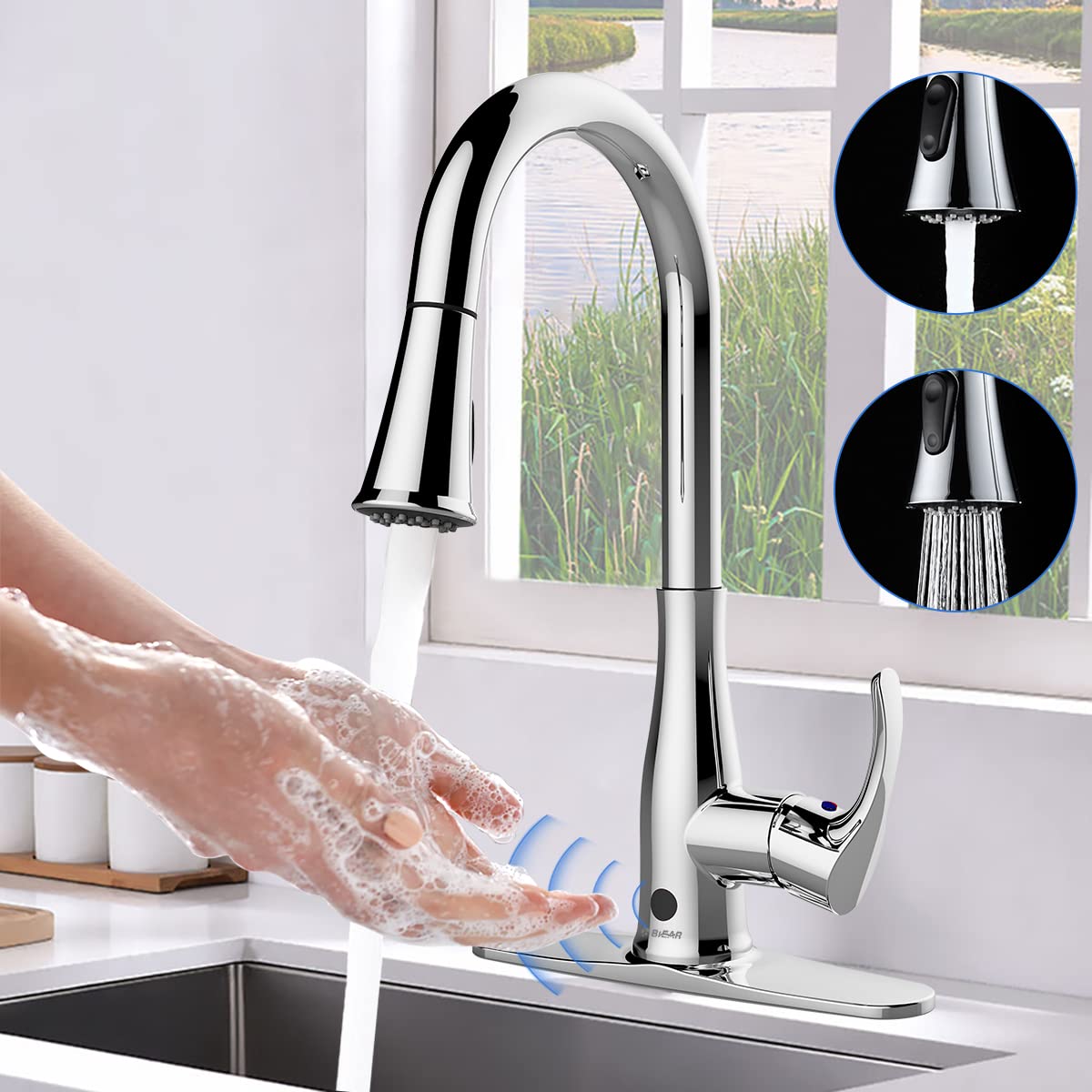 Motion Sensor Kitchen Faucet, BIEAR Polished Chrome Touchless Kitchen ...