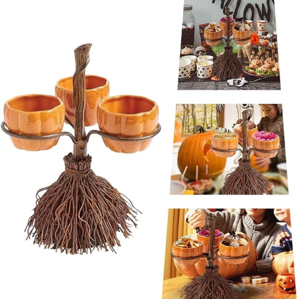 Amazon.com: Halloween Pumpkin Snack Bowl Stand, Halloween Broomstick ...