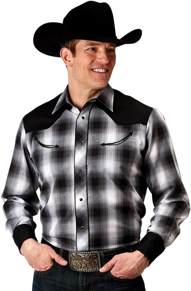 Amazon.com: ROPER Western Shirt Mens L/S Snap Plaid XL Black 01-001 ...