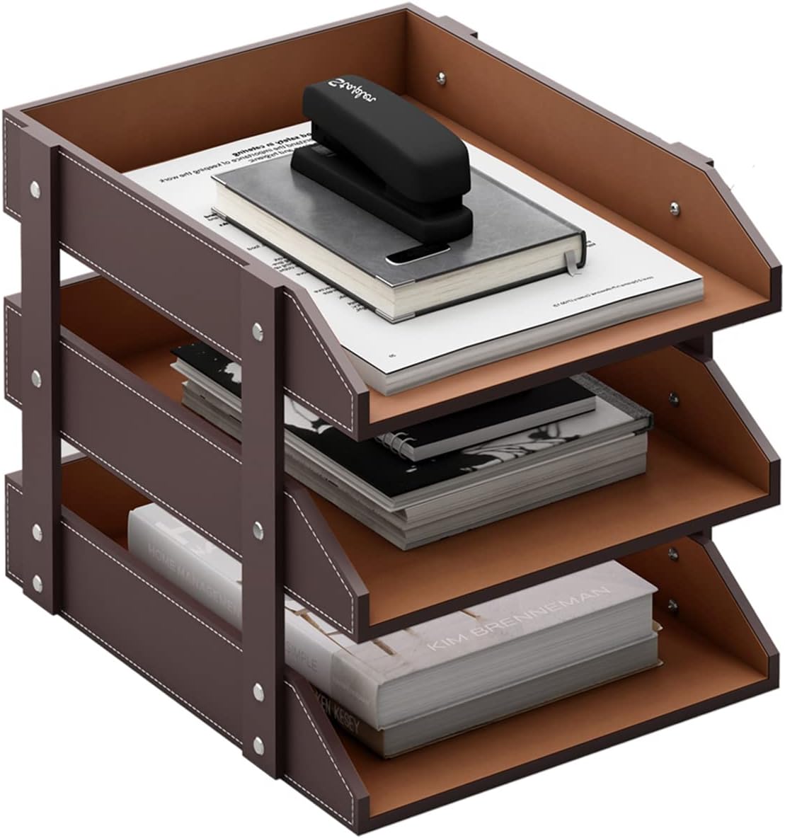 Amazon.com : Bindertek Stacking Wood Desk Organizers with 3 Letter Tray ...