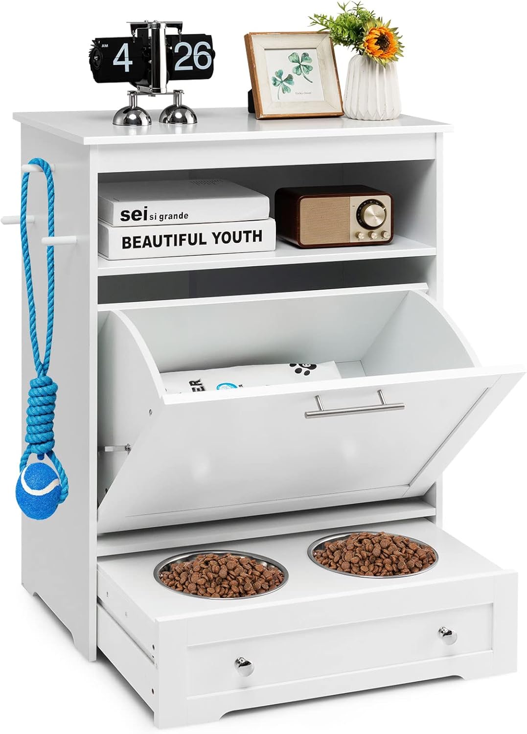 Costway Pet Feeder Station, Dog Food Storage Container with Double ...